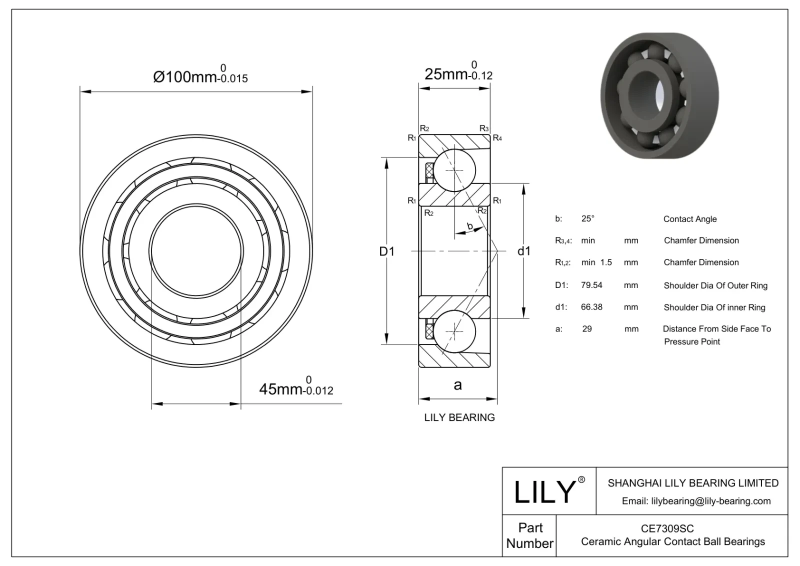 CE7309SC | Silicon Carbide-Single Row Angular Contact | LILY Bearing