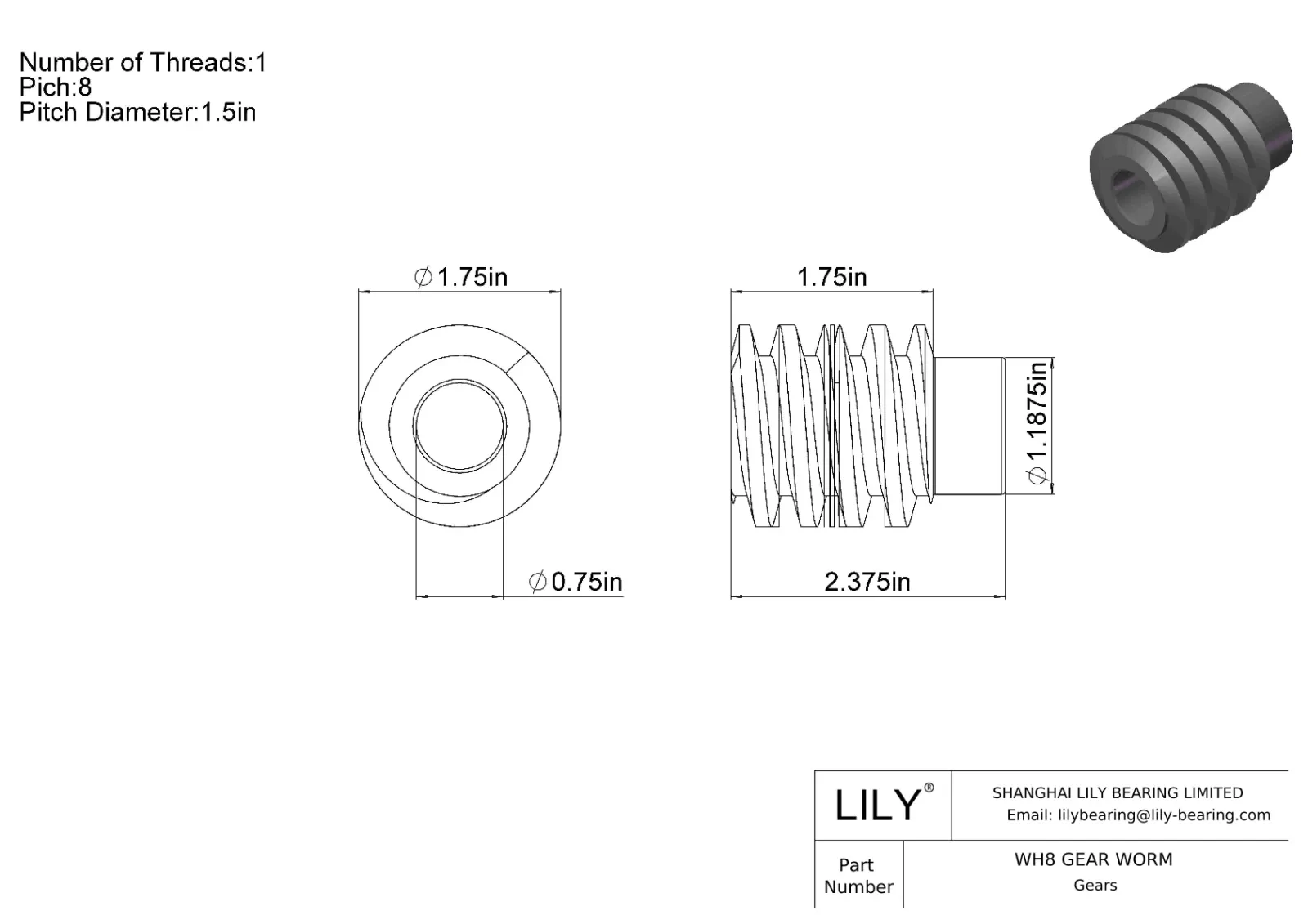 WH8 GEAR WORM | Worms and Worm Gears - Martin | LILY Bearing