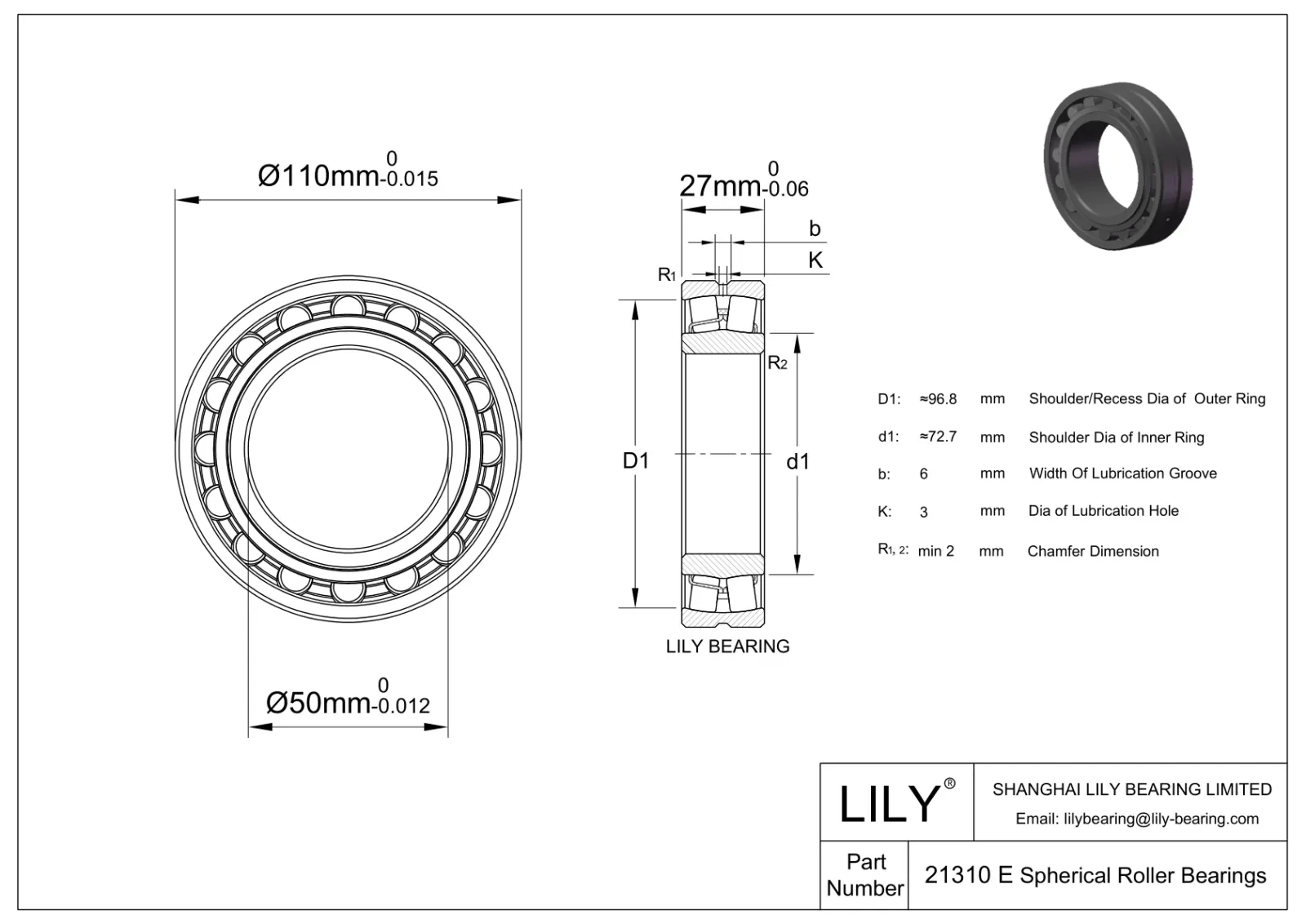 21310 E | Double Row Spherical Roller Bearing - SKF | LILY Bearing