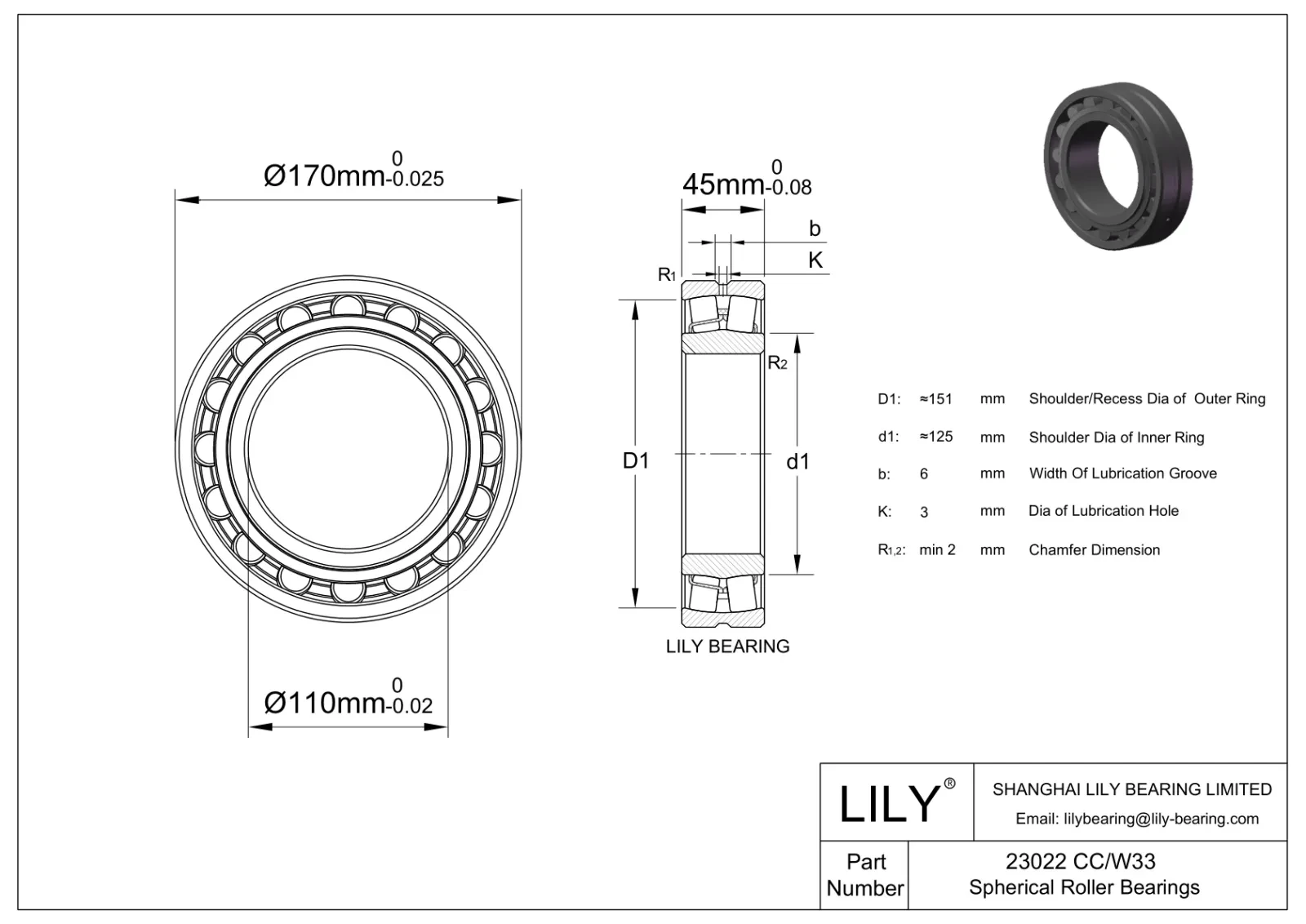 23022 CC/W33 | Double Row Spherical Roller Bearing - SKF | LILY Bearing