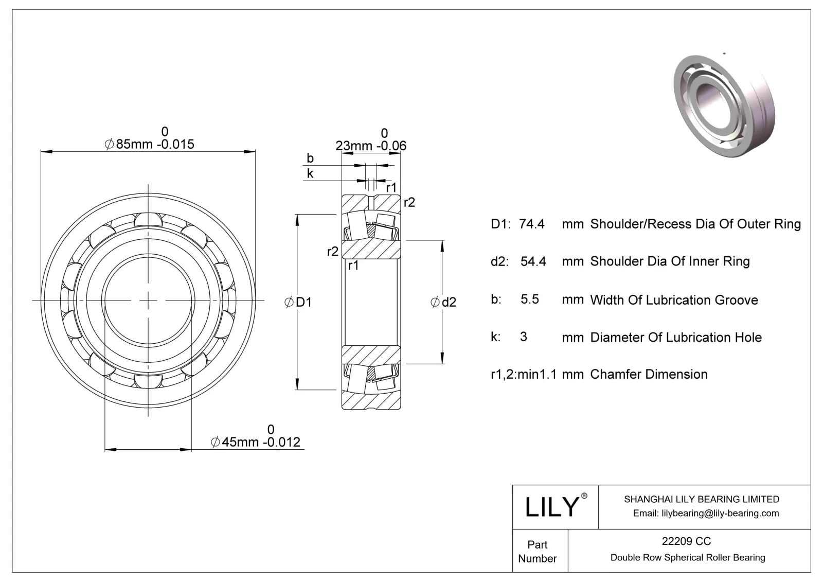 22209 CC | Double Row Spherical Roller Bearing - SKF | LILY Bearing